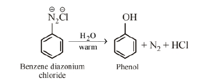 What happens when benzene diazonium chloride is heated with water?