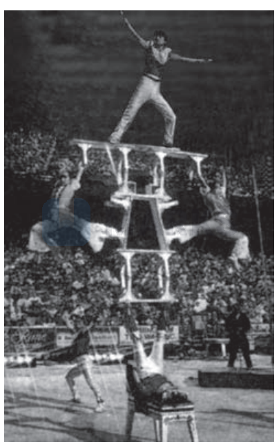 In a human pyramid in a circus, the entire weight of the balanced group ...