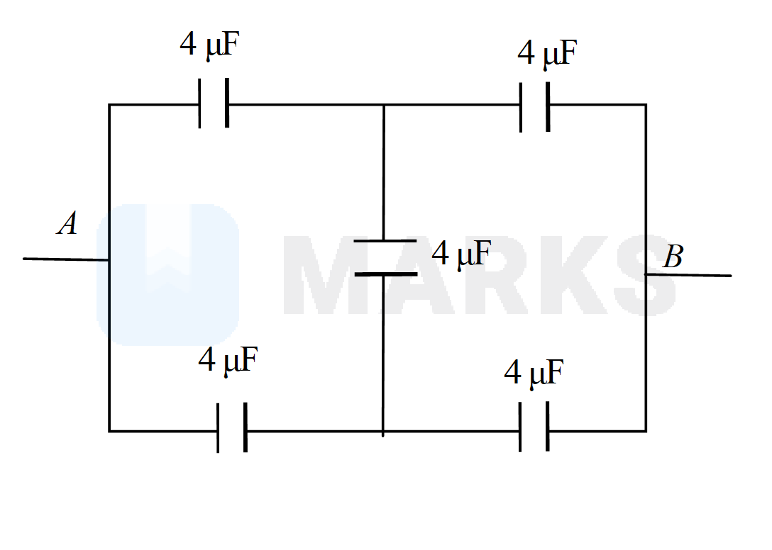 For the arrangement of capacitors as shown in the circuit, the effective capacitance between ...