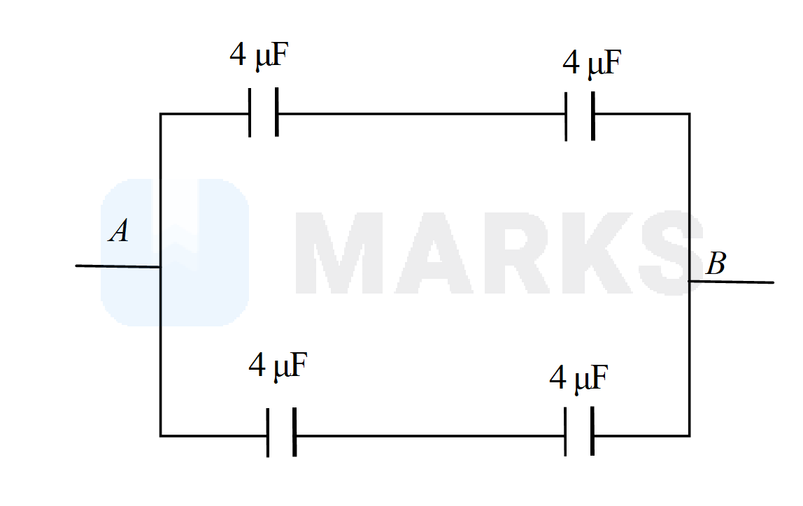For the arrangement of capacitors as shown in the circuit, the effective capacitance between ...