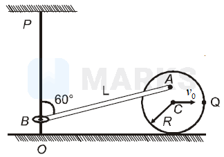 A smooth rod O P is fixed vertically. A disc of mass m and radius R is ...