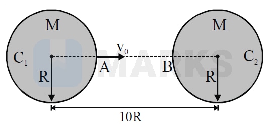 Two large spherical objects of mass M each (uniformly distributed) are ...