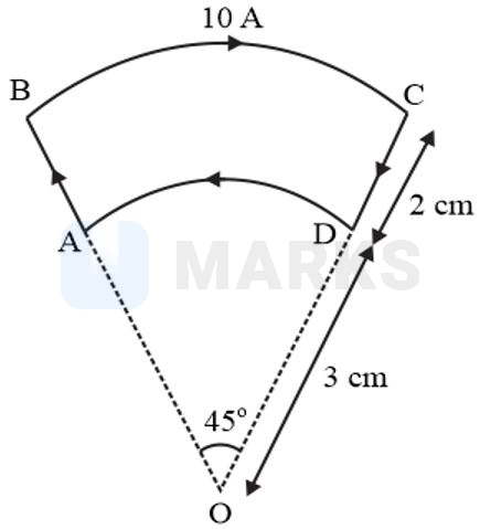 A loop ABCD has current I = 10 A , as shown in the figure. AD and BC are circular arcs with ...