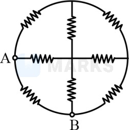 Eight resistances each of resistance 5 Ω are connected in the circuit ...
