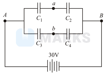 Four capacitors with capacitances C 1 = 1 μF , C 2 = 1 . 5 μF , C 3 = 2 ...