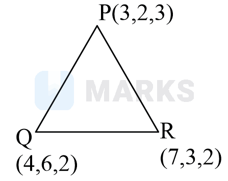Let P ( 3 , 2 , 3 ) , Q ( 4 , 6 , 2 ) and R ( 7 , 3 , 2 ) be the vertices of ∆ PQR . Then, the ...