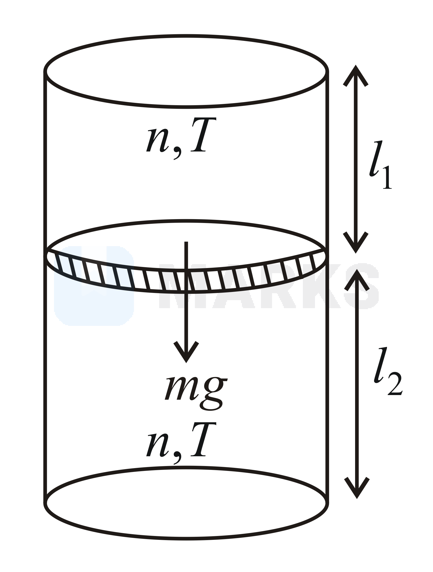 A vertical closed cylinder is separated into two parts by a frictionless piston of mass m and of ...