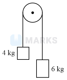 Two bodies of mass 4 kg and 6 kg are tied to the ends of a massless ...