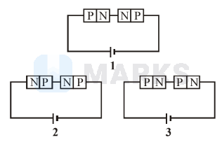Two identical P-N junctions are connected in series in three different ways as shown below to a ...