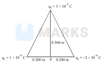 Figure shows a triangular array of three point charges. The electric ...